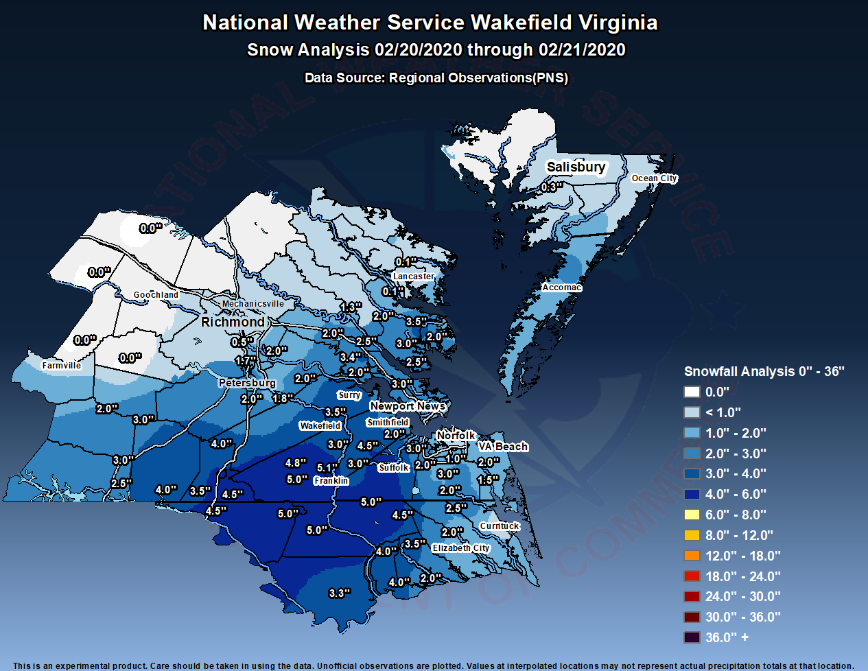NWS Wakefield releases snowfall totals Feb20/21 – Currituck Now